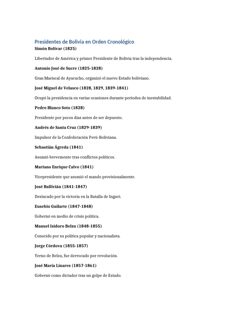 Presidentes de Bolivia en Orden Cronologico | PDF | América del Sur ...
