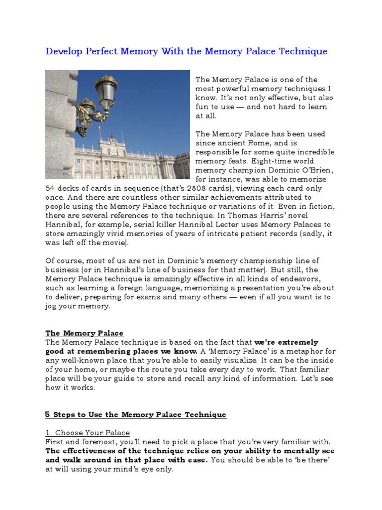 Mastering Memory with the Palace Technique | PDF | Mental Image | Memory
