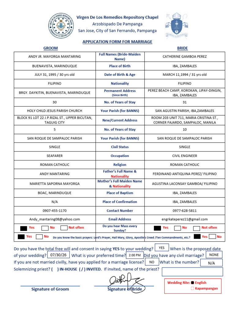 Marriage Application Form | PDF | Christian Worship And Liturgy ...