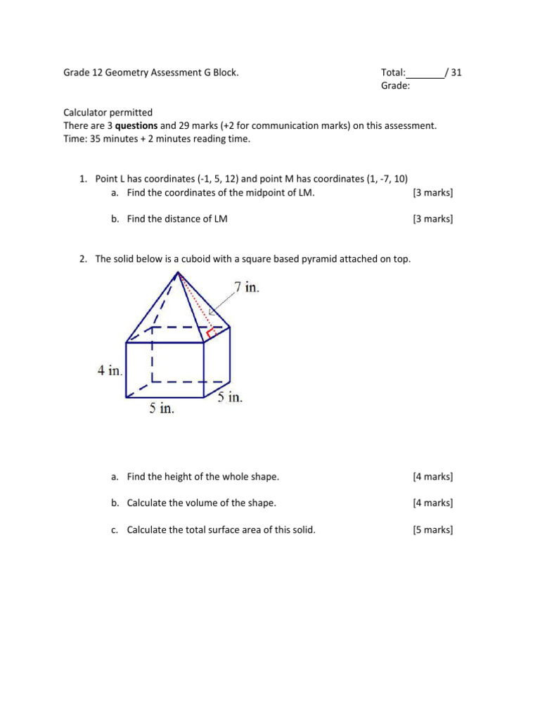 Grade 12 Geometry Assessment G Block | PDF