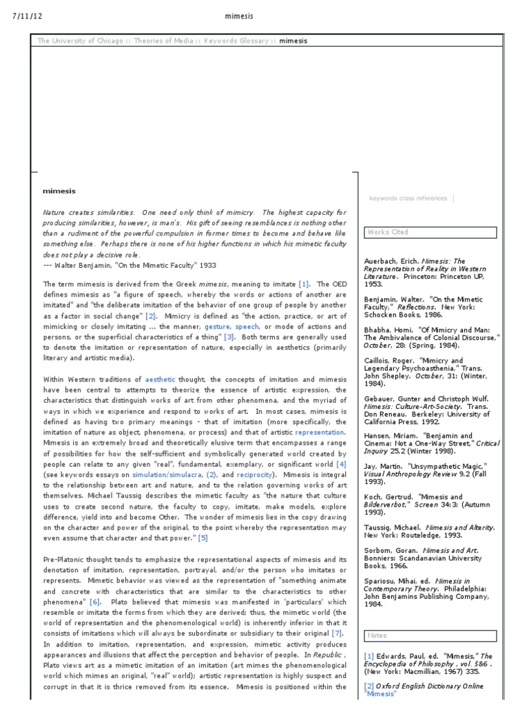Mimesis: The University of Chicago:: Theories of Media:: Keywords ...