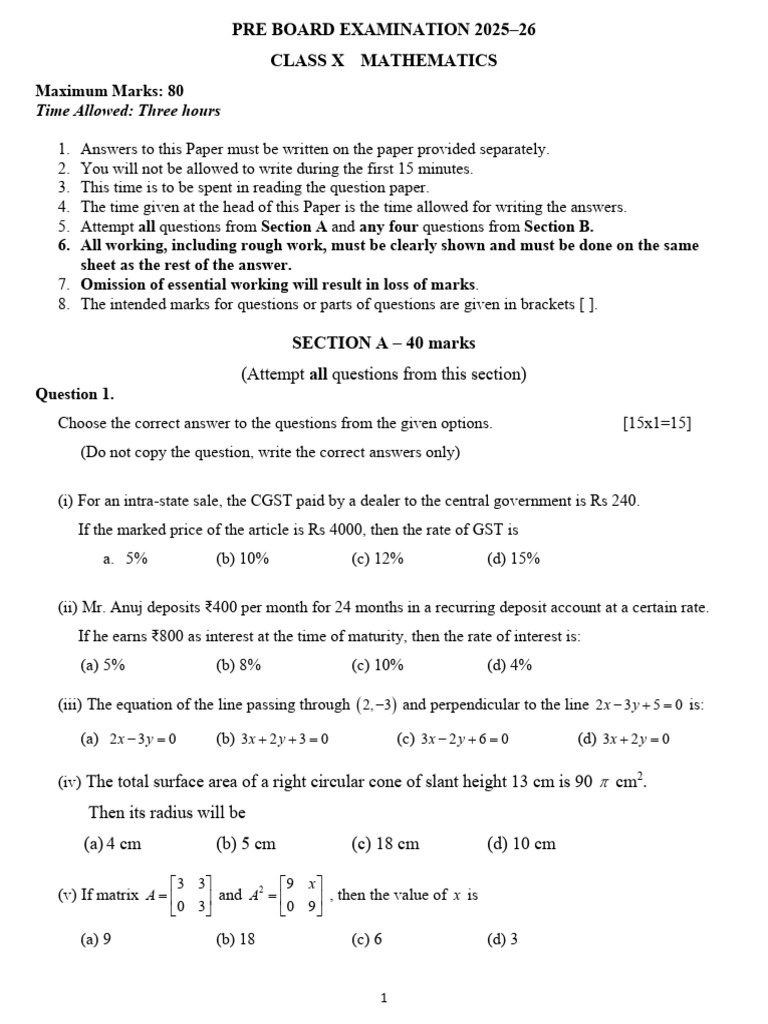 ICSE Class X Maths Pre Board Exam 2025-26 | PDF | Circle | Mathematics