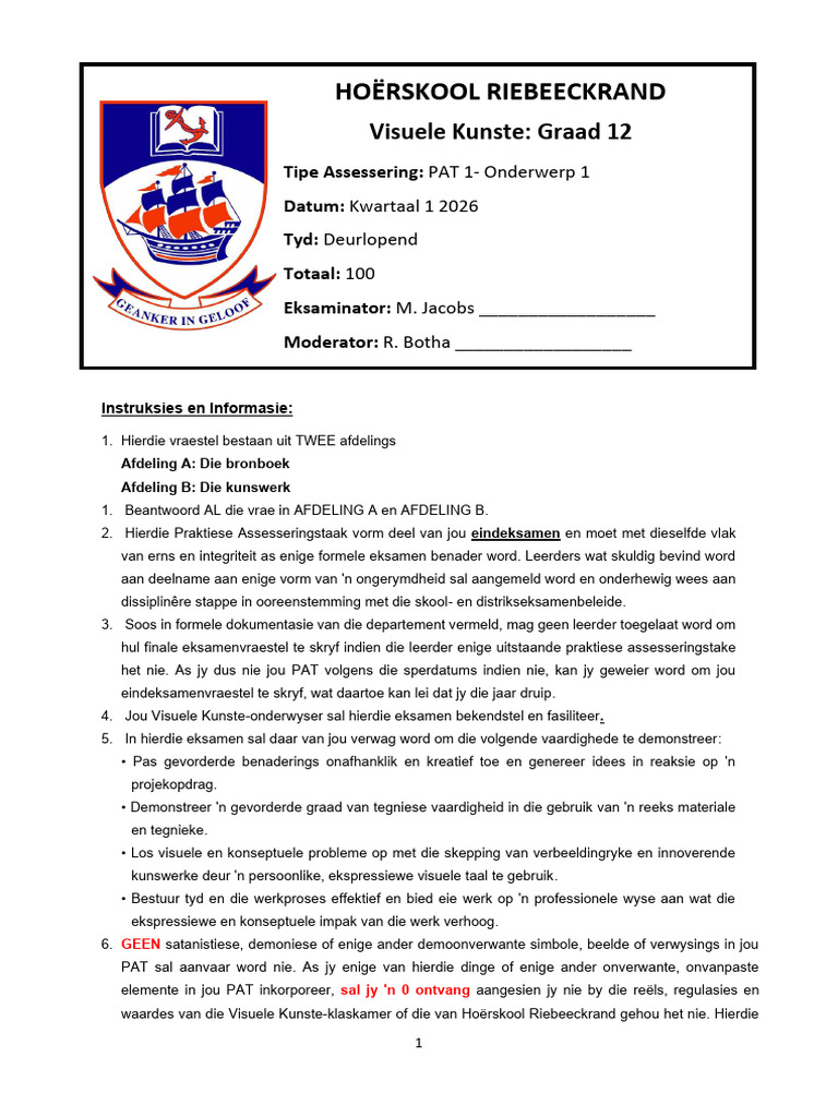 PAT 1 Graad 12 Brief 2026 | PDF