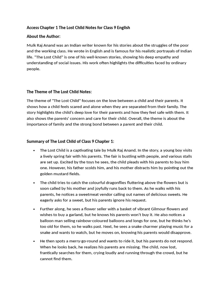 Access Chapter 1 the Lost Child Notes for Class 9 English | PDF ...