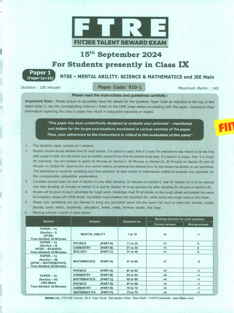 FTRE Class - 9th (Paper - 1) | PDF