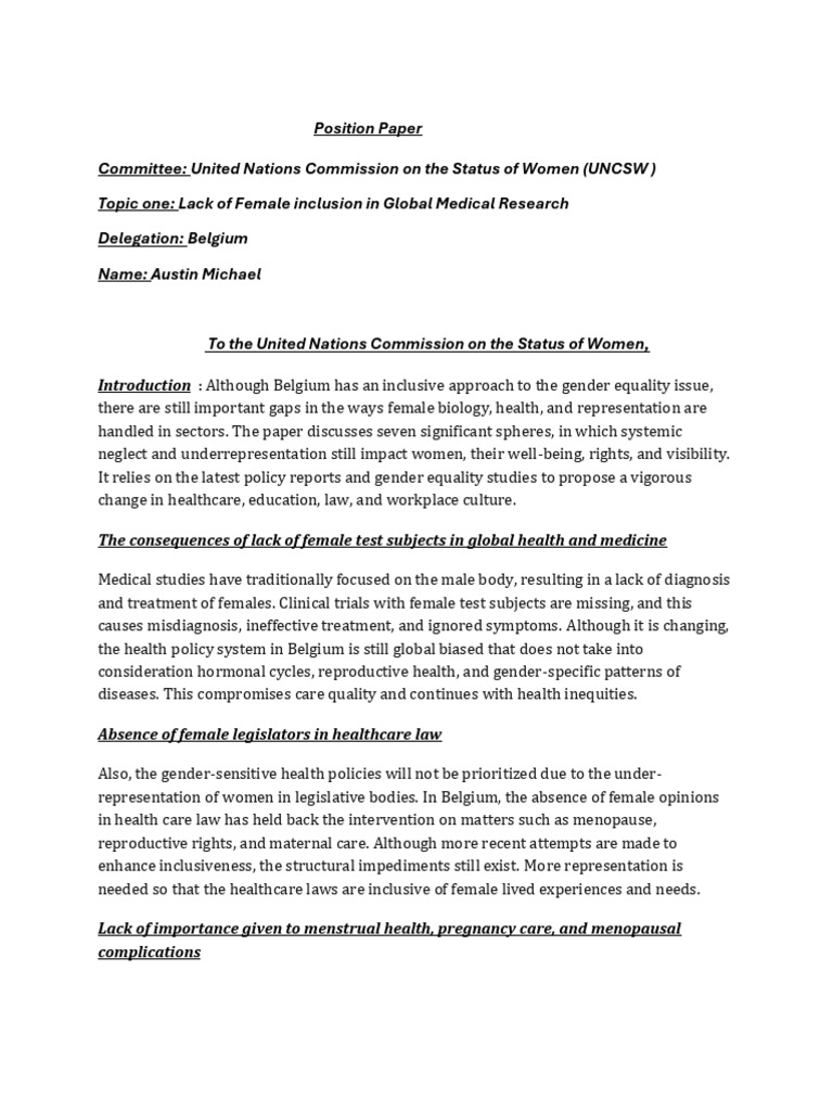 Position Paper IHS MUN ( Blegium - UNCSW) (1) | PDF | Gender Inequality ...