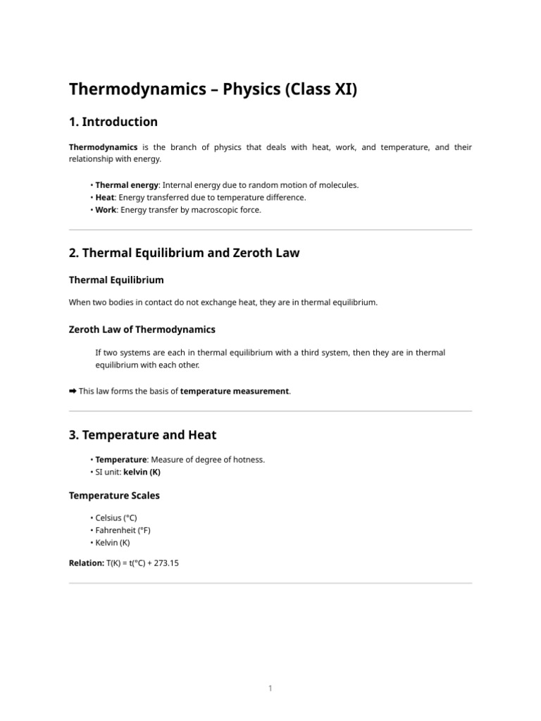 Thermodynamics - Physics Class Xi Notes | PDF | Temperature | Heat