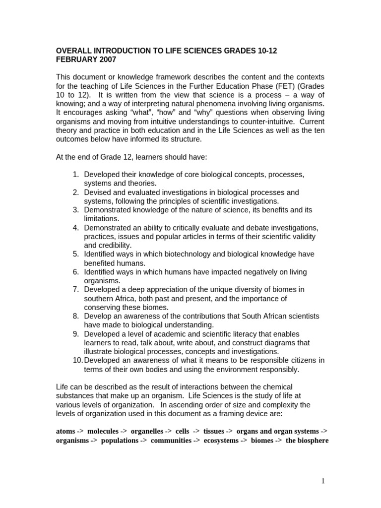 Overall Introduction To Life Sciences Grades 10-12 February 2007 | PDF ...