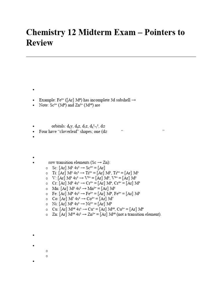 Chemistry 12 Midterm Exam Pointers to Review | PDF | Transition Metals ...