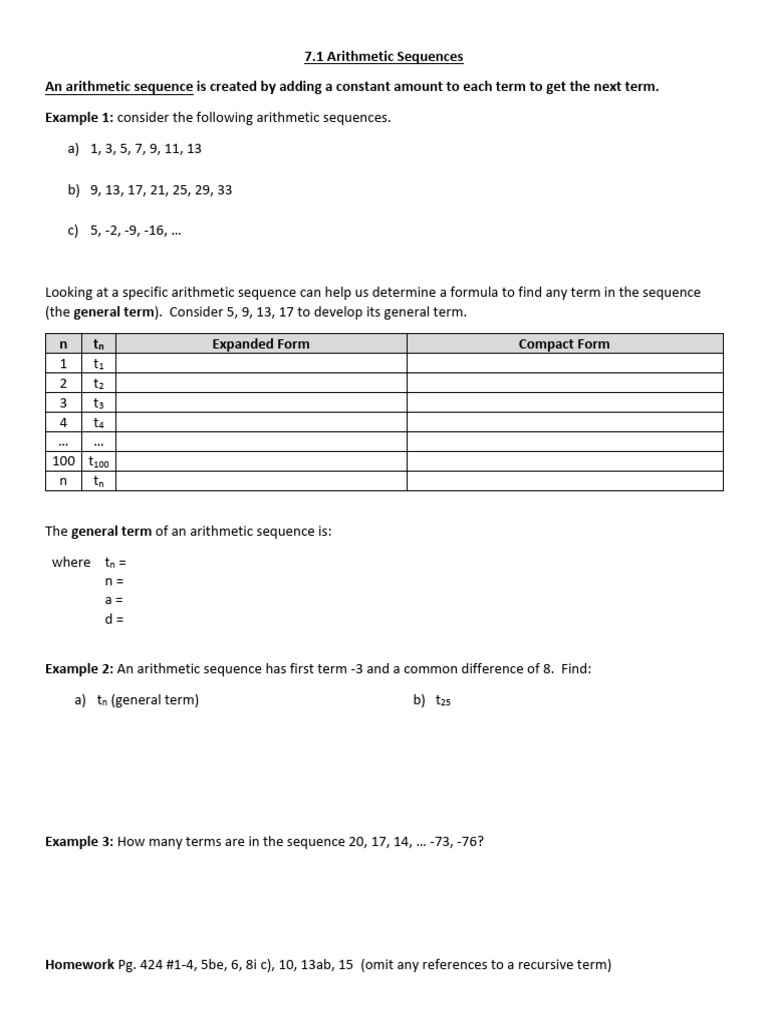 01a - 7.1 Arithmetic Sequences Jan 2026 | PDF
