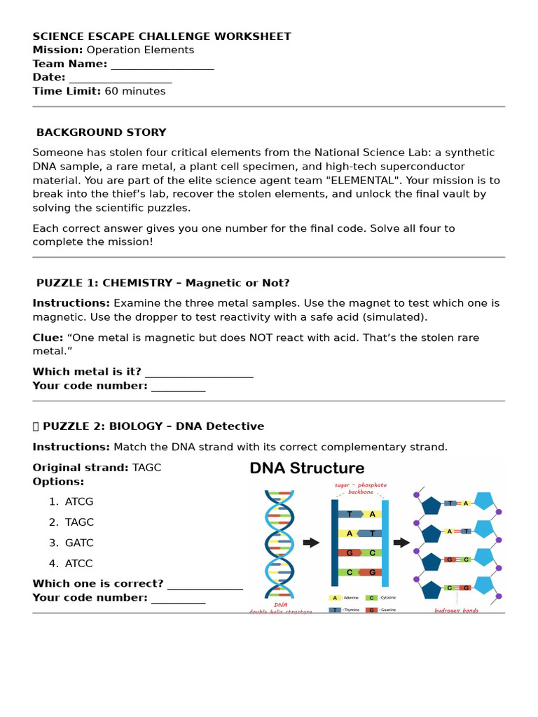 Science Escape Challenge Worksheet #2 | PDF