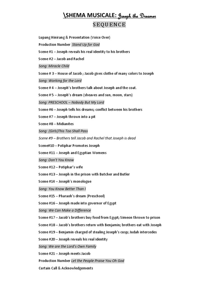 Shema Musicale Joseph The Dreamer Script and Sequence | PDF | Jacob | Leah