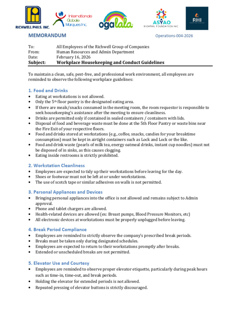 Operations 004-2026 Workplace Guidelines Memo | PDF | Electronic ...