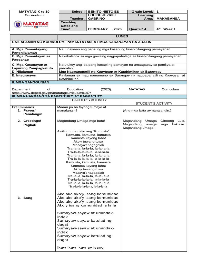 Grade 1 Lesson Plan Makabansa | PDF