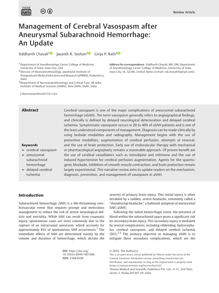 Cerebral Vasospasm After Aneurysmal Subarachnoid Hemorrhage an Update ...