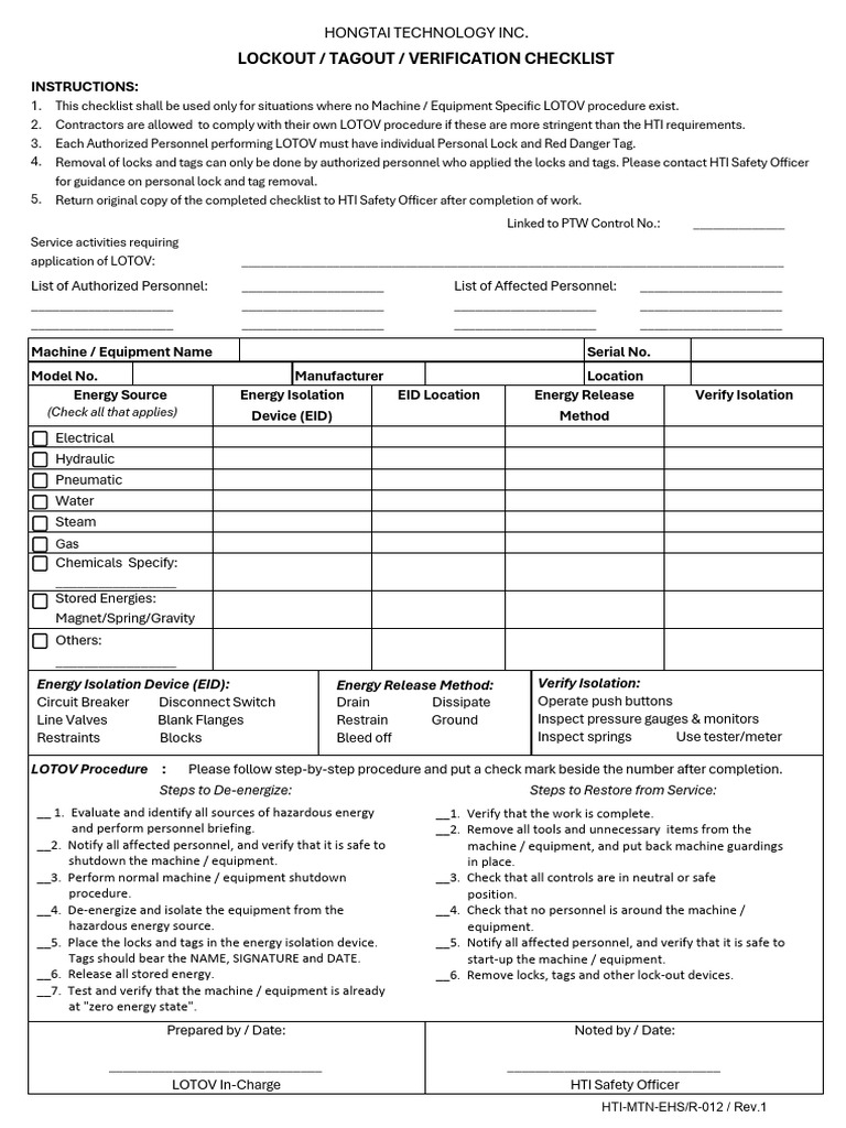 Hti Mtn Ehs r 012 Lotov Checklist Rev. 1 | PDF | Mechanical Engineering ...