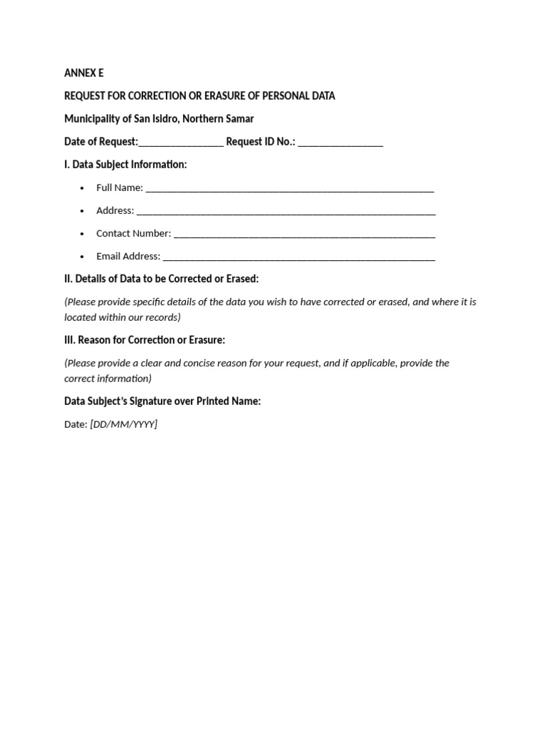 Annex e - Request For Correction or Erasure of Personal Data | PDF