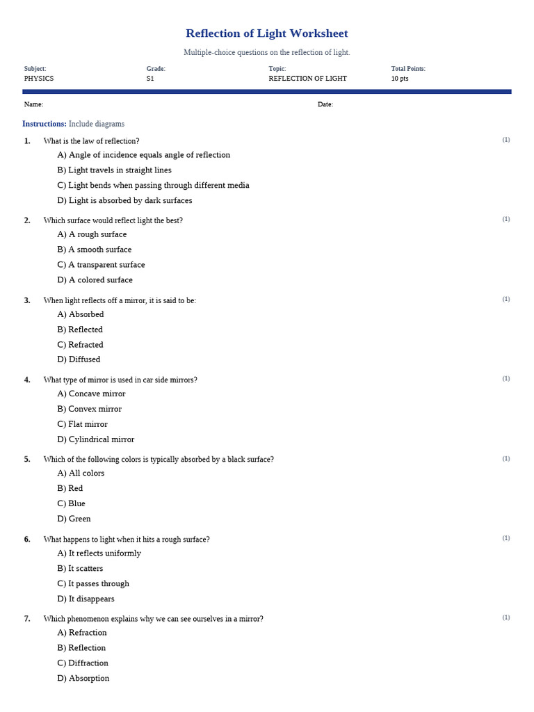 Reflection of Light Worksheet | PDF | Reflection (Physics) | Mirror