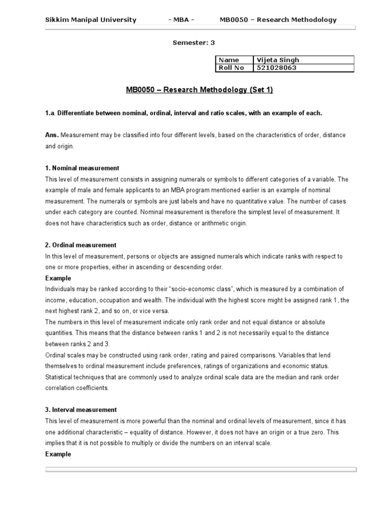MB0050 - Research Methodology (Set 1) | PDF | Level Of Measurement | Experiment