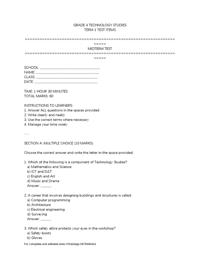 Grade 4 Technology Studies Mid Term Test | PDF | Safety | Computing