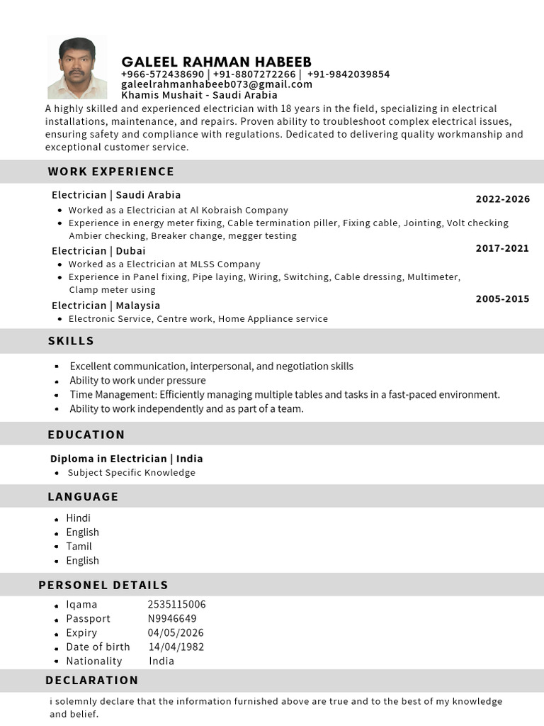 Galeel Rahman Habeeb CV | PDF