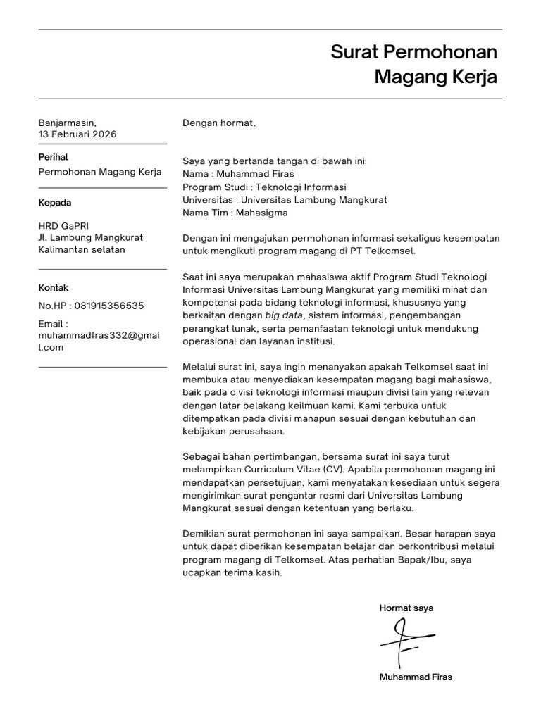 Surat Permohonan Magang Firas | PDF