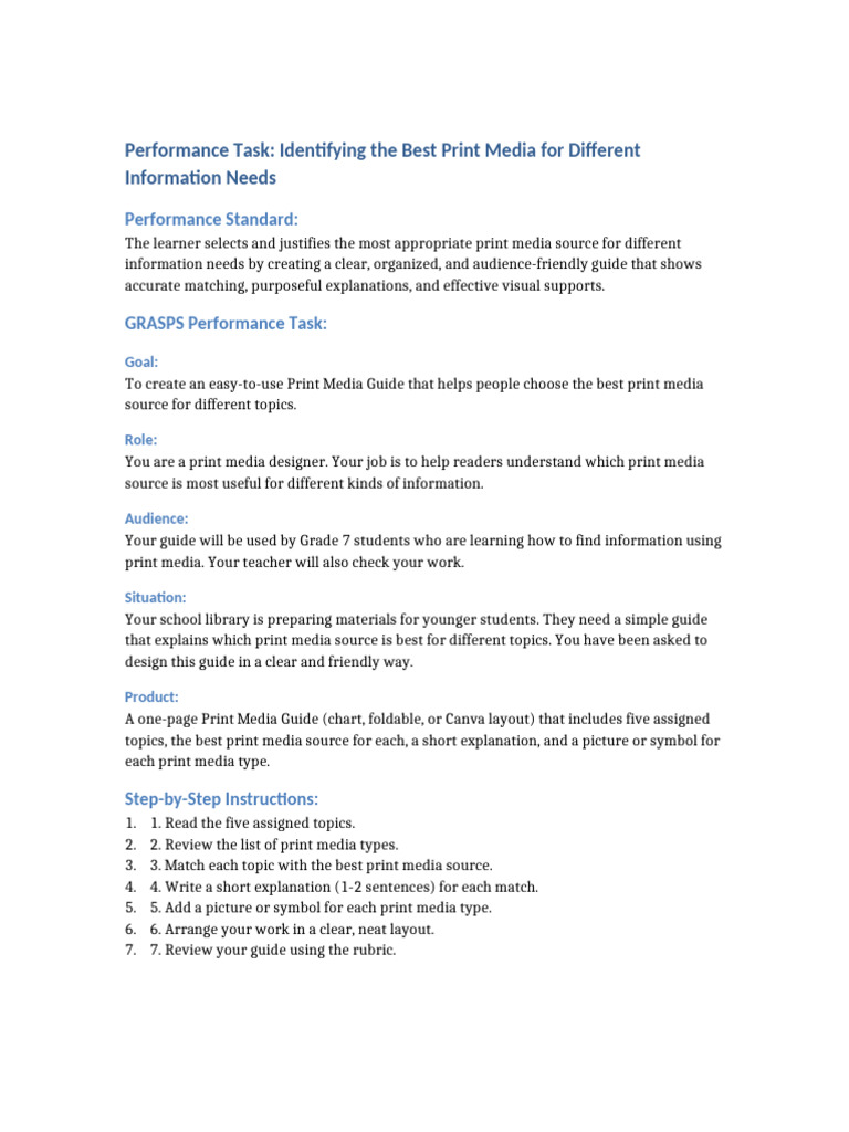 Print Media Performance Task | PDF | Cognitive Science | Learning