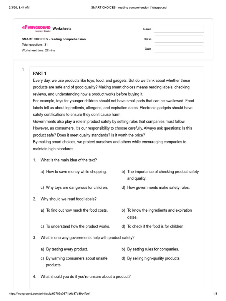 SMART CHOICES - Reading Comprehension - Wayground | PDF | Reading ...