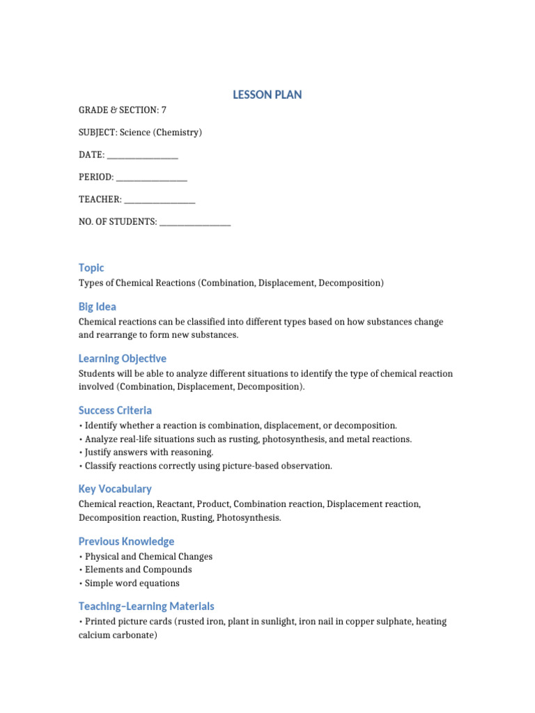CBSE Grade 7 Types of Chemical Reactions Lesson Plan | PDF | Chemical ...
