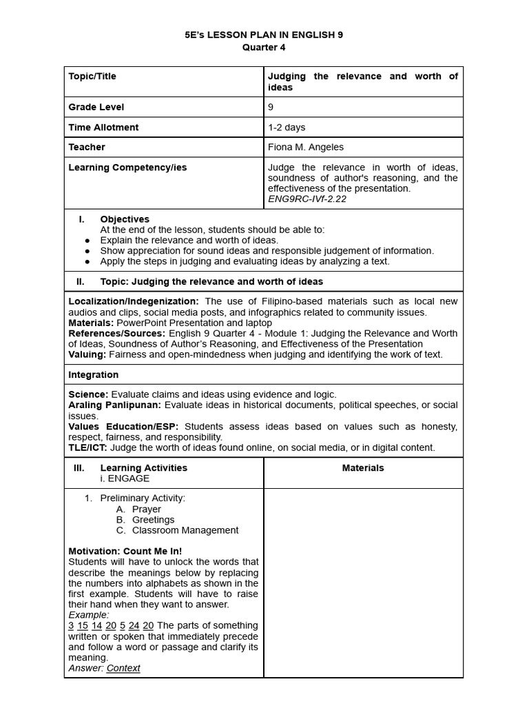 Lesson Plan - Q4 - L1 | PDF | Relevance | Cognition