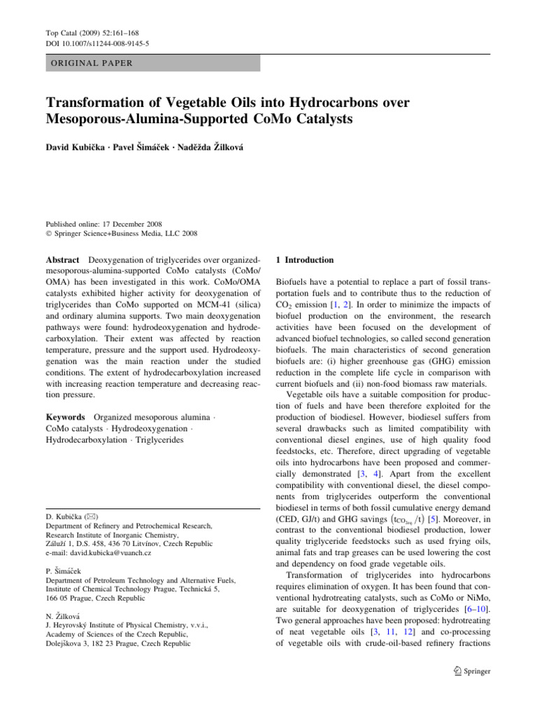 Transformation of Vegetable Oils Into Hydrocarbons Over Mesoporous ...