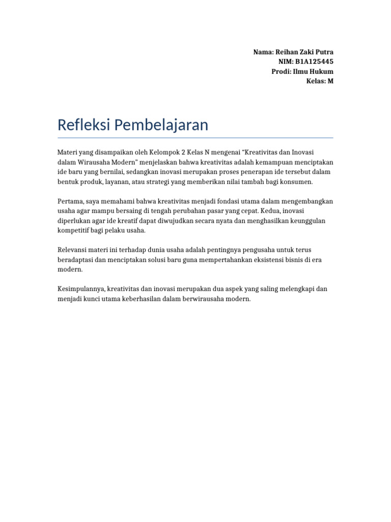 Refleksi Pembelajaran Kreativitas Dan Inovasi Reihan Zaki Putra | PDF