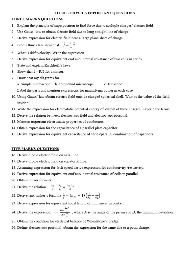 II Puc Three & Five Marks Important Questions | PDF | Electric Field ...