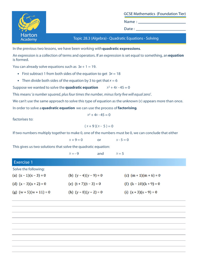 Topic 28.3 (Algebra) - Quadratic Equations - Solving by Factorising | PDF