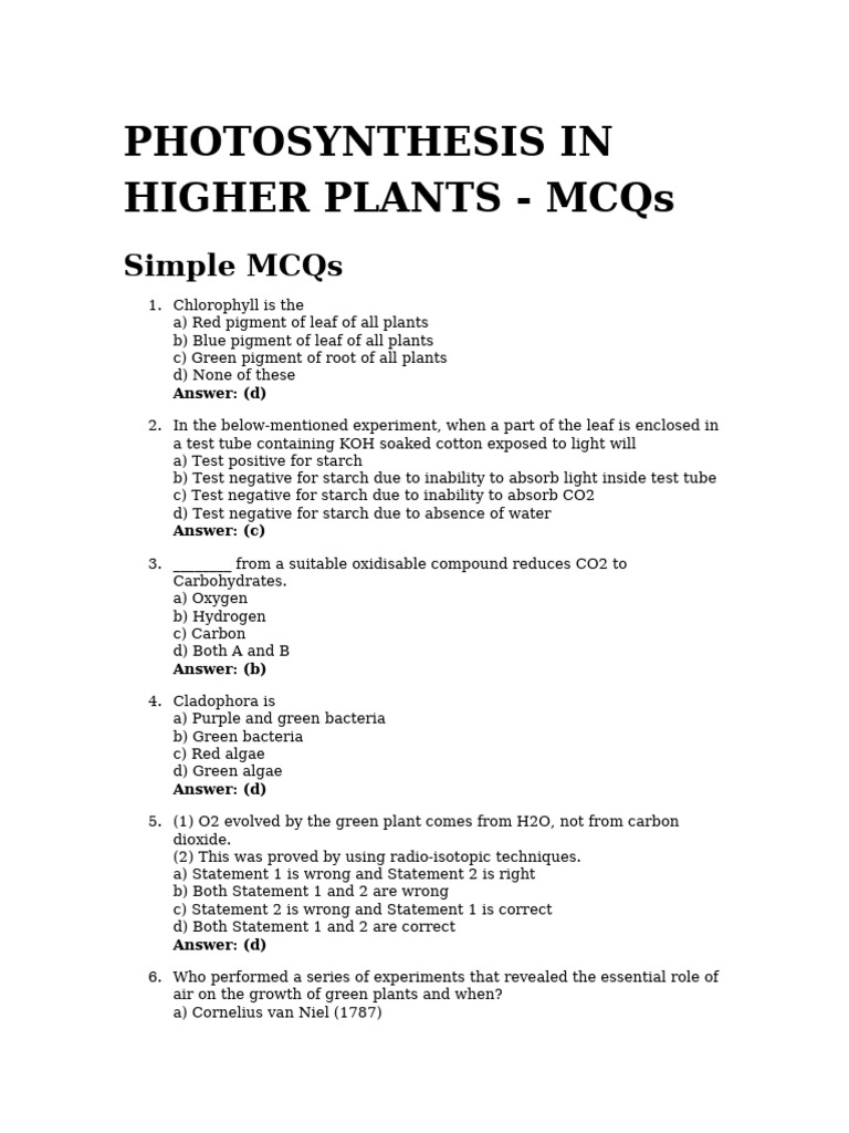 Photosynthesis MCQs | PDF | Photosynthesis | Chloroplast
