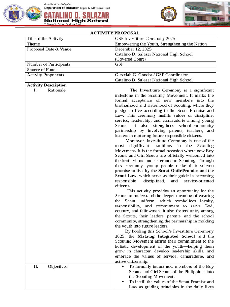 Activity Proposal BSP & GSP Investiture Ceremony | PDF | Scouting | Camping
