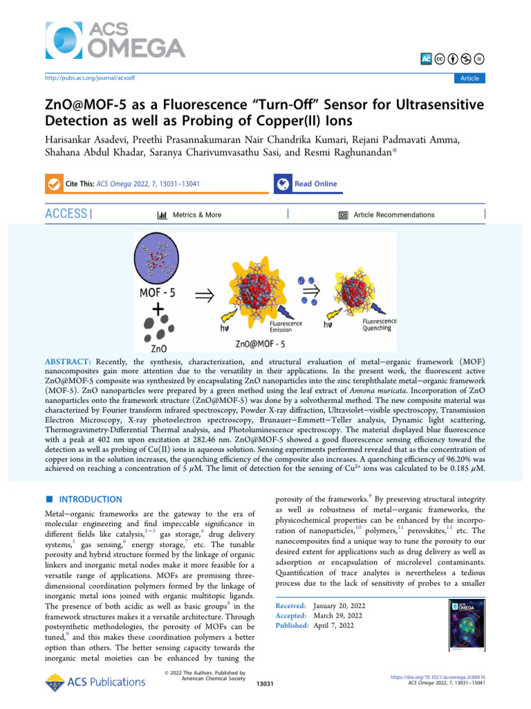 Zno Mof 5 as a Fluorescence Turn Off Sensor for Ultrasensitive ...