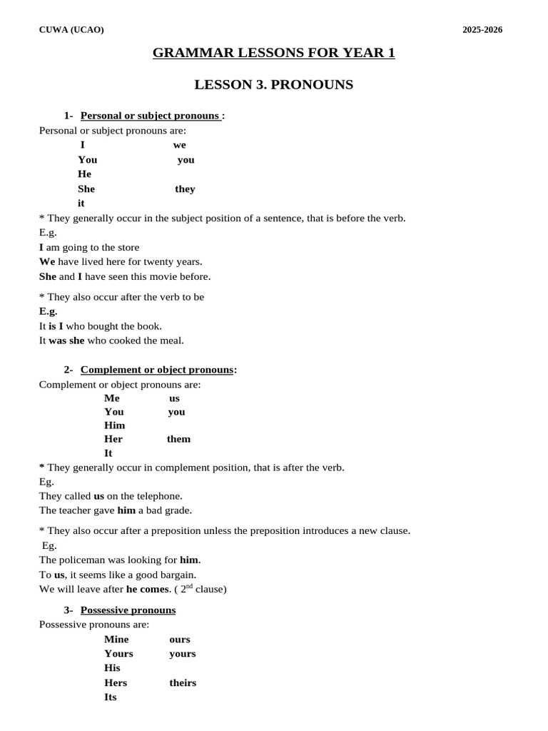 Grammar Lesson Year 1 Pronouns | PDF | Pronoun | Syntax