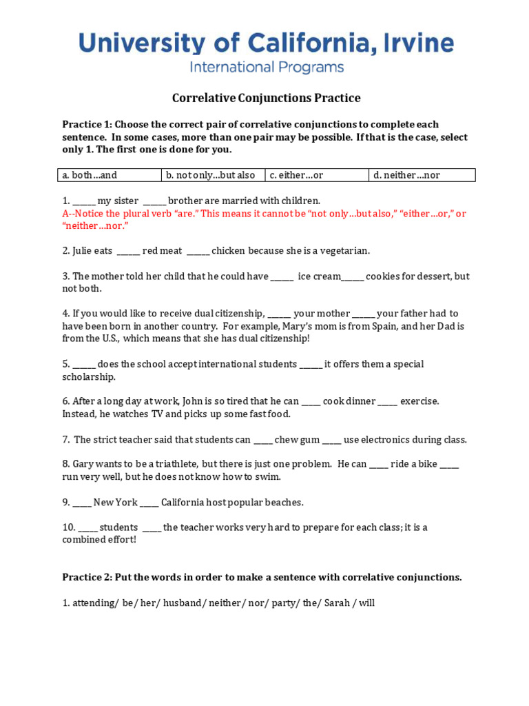Correlative Conjunctions Practice: Both and B. Not Only But Also C ...