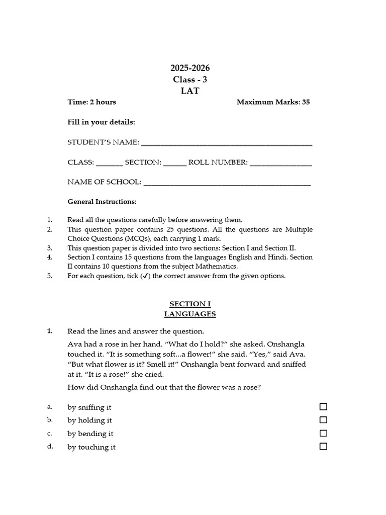Class 3 Question Paper LAT (2025-2026) Unlocked | PDF | Multiple Choice