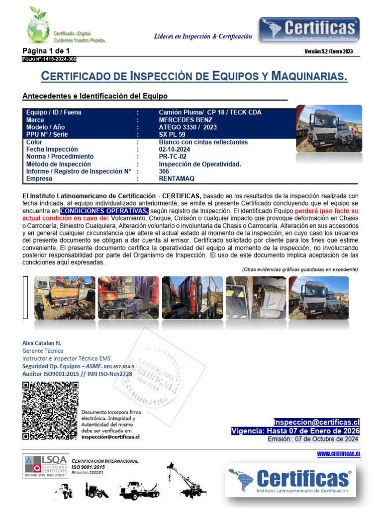 Cert Insp Equipos 366ex CP 18 VENE26 | PDF