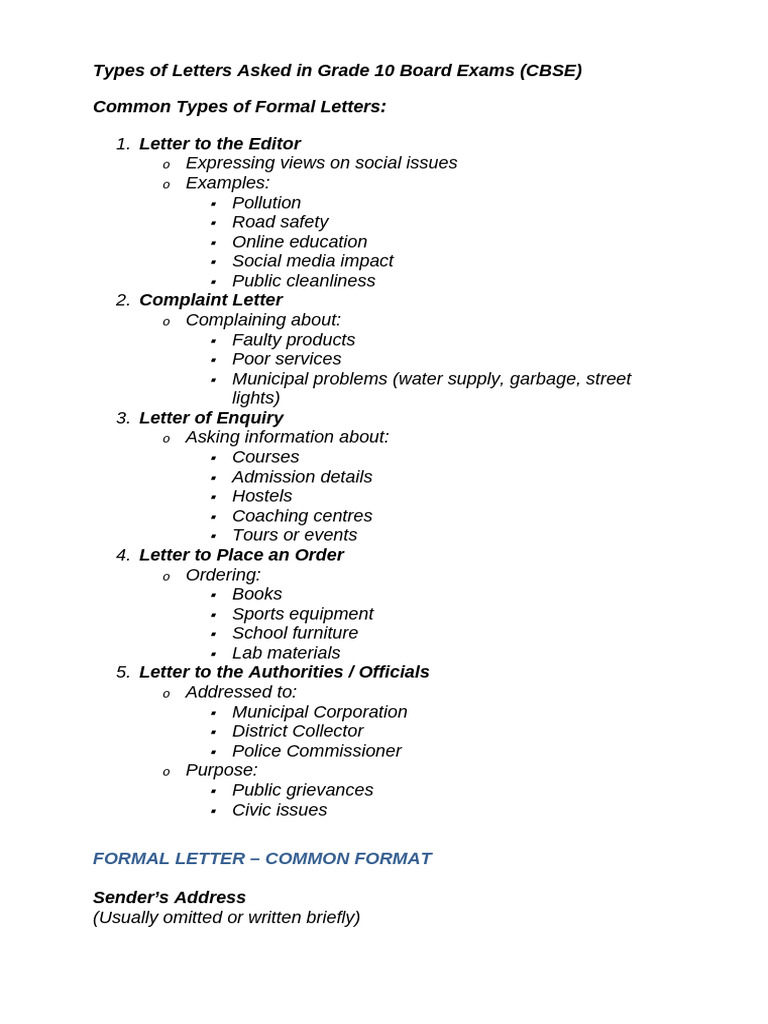 Types of Letters Asked in Grade 10 Board Exams (CBSE) Common Types of ...