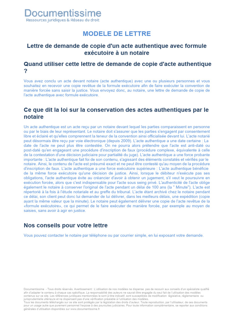 Lettre de Demande de Copie D Un Acte Authentique Avec Formule ...