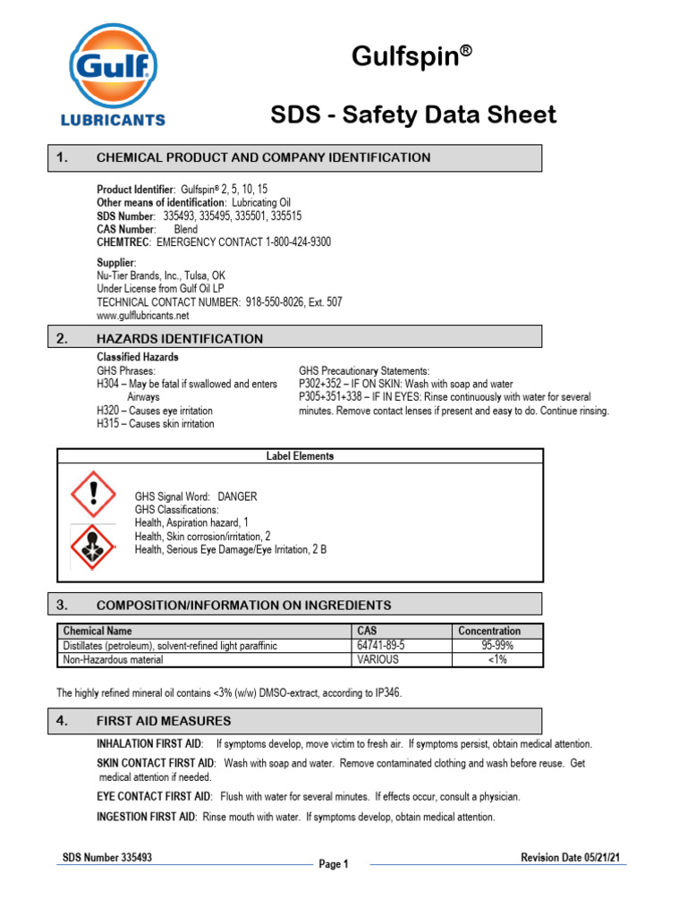 Gulfspin Oil SDS | PDF | Combustion | Personal Protective Equipment
