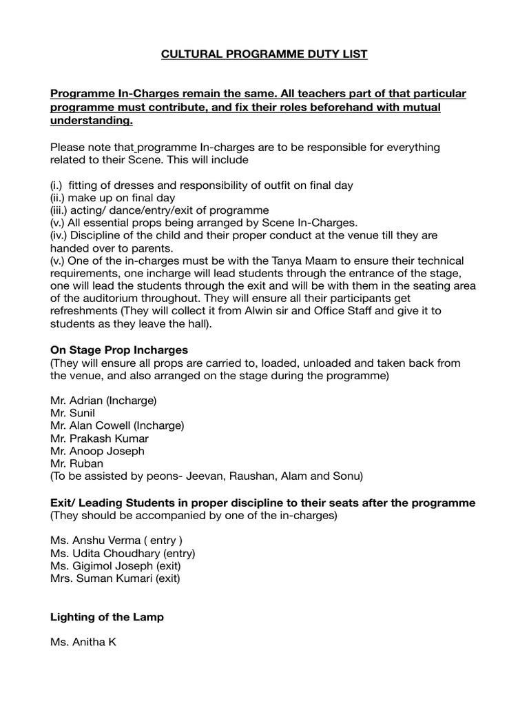 Cultural Programme Duty List 2026-2 | PDF