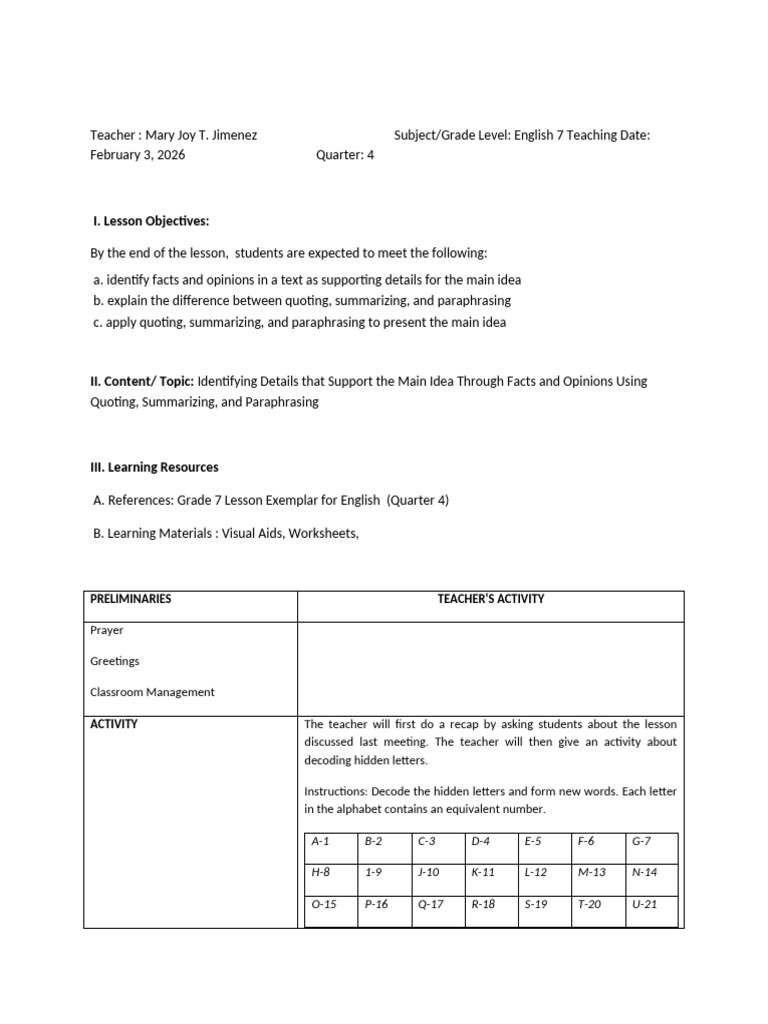 LP for Week 2-Day 2 ( Quoting, Summarizing, Paraphrasing) | PDF ...