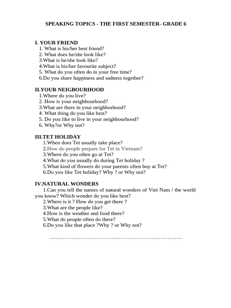 Speaking Topics For Grade 6.2324doc | PDF