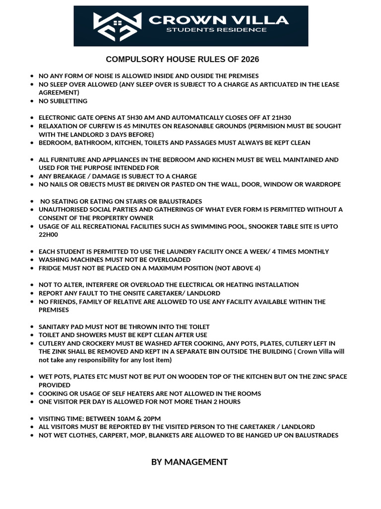 Crown Villa Emergency HOUSE RULES | PDF