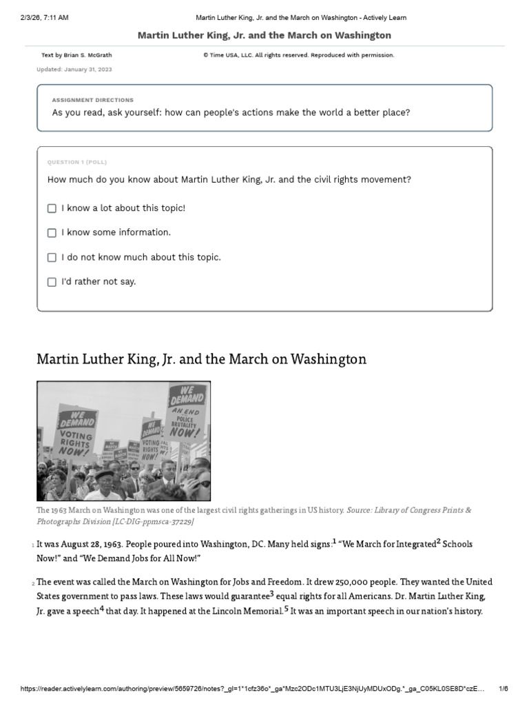 Martin Luther King, Jr. and the March on Washington - Actively Learn ...