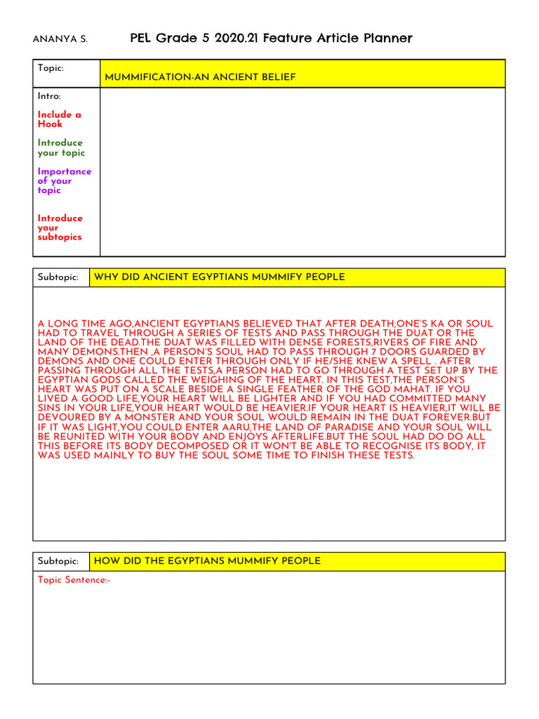Ananya Sreekanth - Grade 5 2020.21 Feature Article Planner | PDF